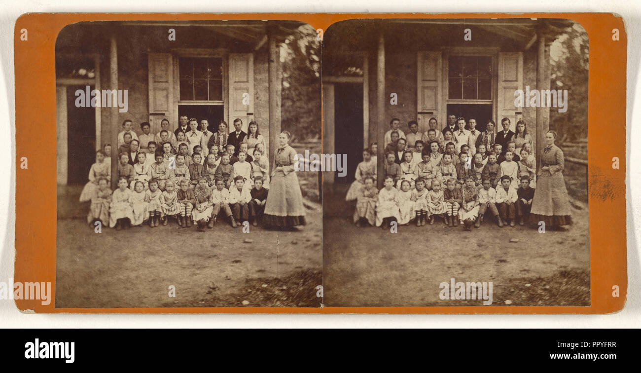 Group of school children and teacher posed outside; American; about ...