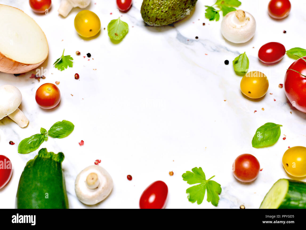 Fresh vegetables, arrangement on a white marble background with copy ...