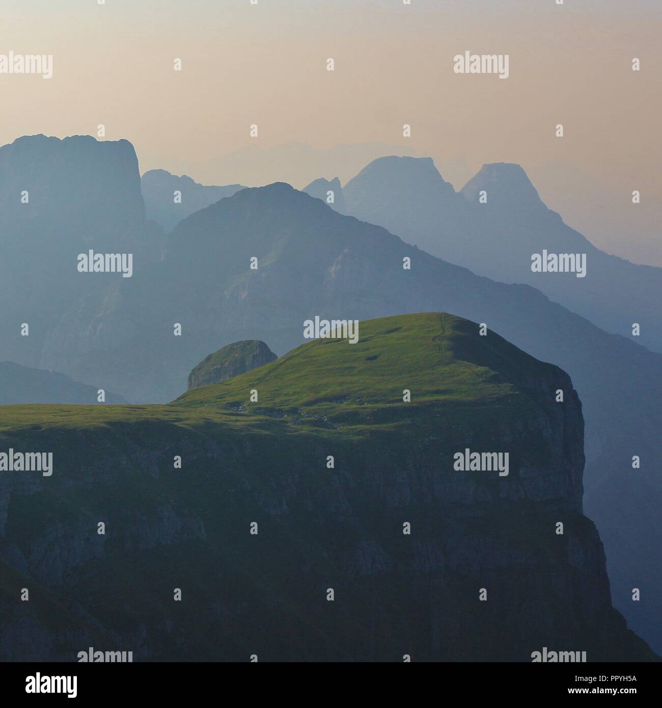 Early morning in the Swiss Alps. Summer scene on the Chaserrugg ...