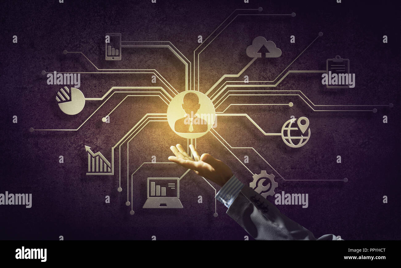 Close of businessman hand showing at user interface glowing on w Stock ...