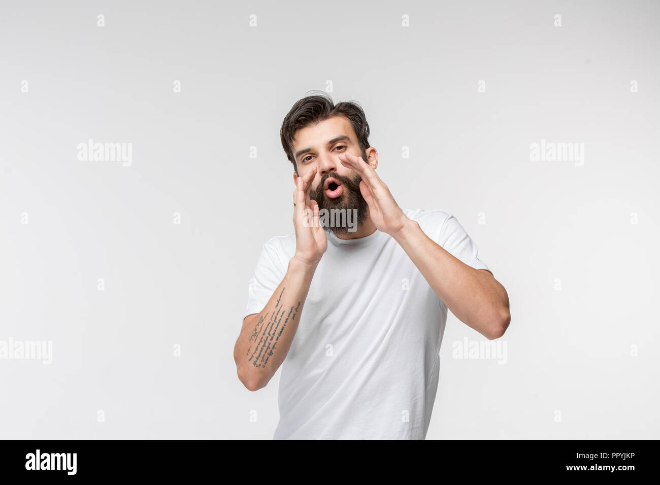 Do not miss. Young casual man shouting. Shout. Crying emotional man ...