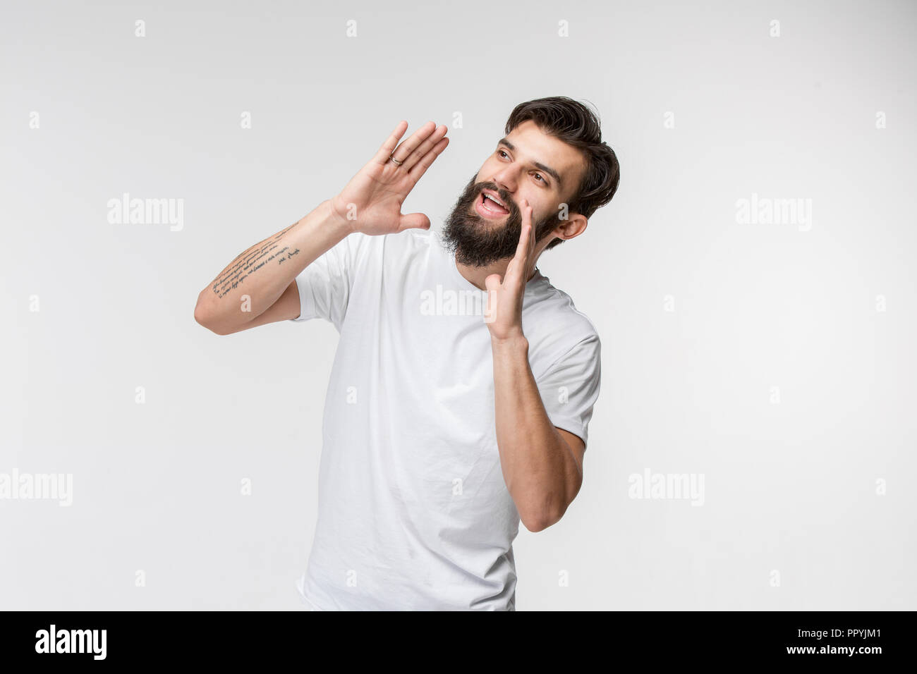 Do not miss. Young casual man shouting. Shout. Crying emotional man ...