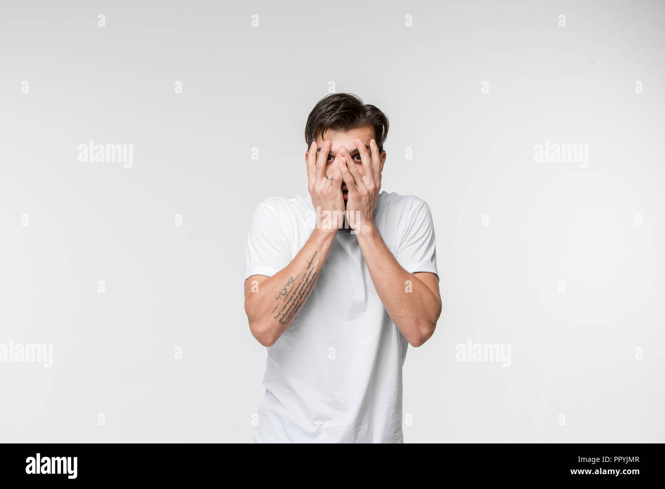 I'm afraid. Fright. Portrait of the scared man. Business man standing ...