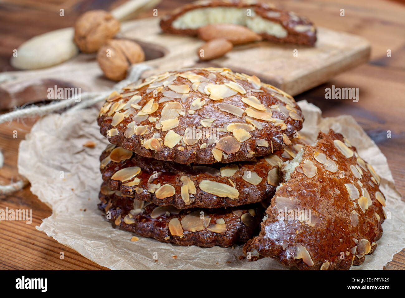 Sweet dessert for autumn season, Dutch filled cookies with marzipan and ...