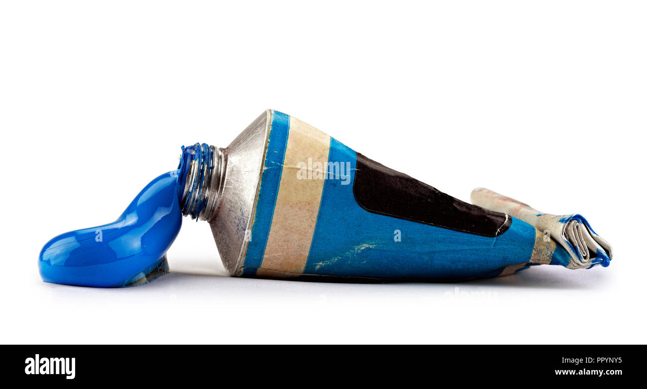 Old tube with blue oil paint on white background, clipping path Stock ...