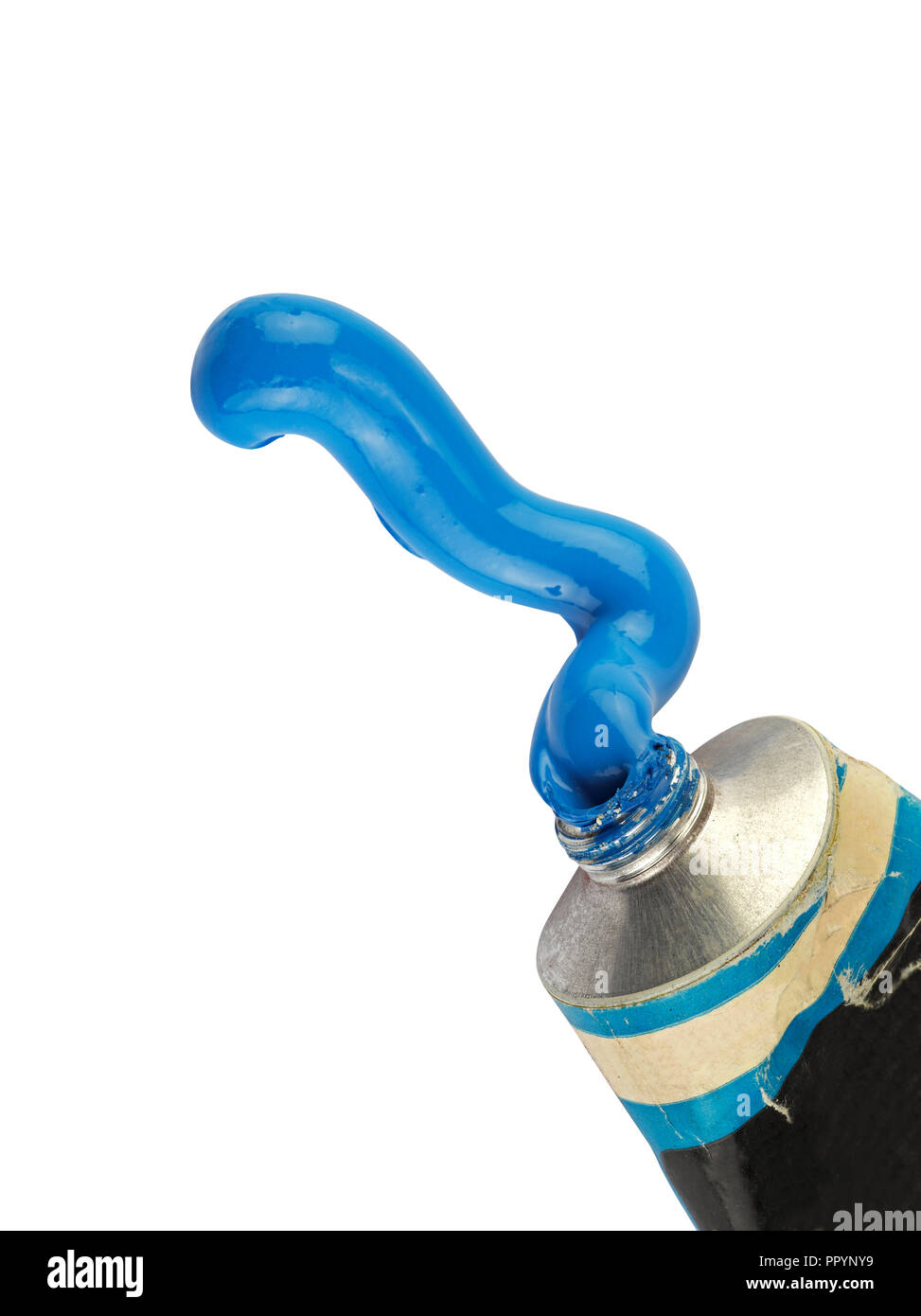 Old tube with blue oil paint on white background, clipping path Stock ...