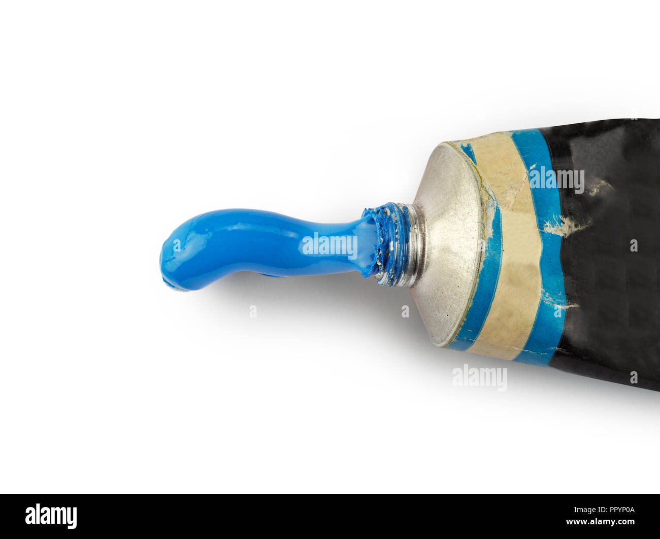 Old tube with blue oil paint on white background, clipping path Stock ...