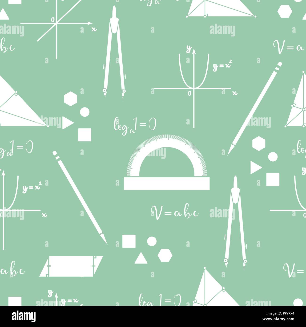 Mathematical scientific vector seamless pattern with geometry plots, tools and formulas ...