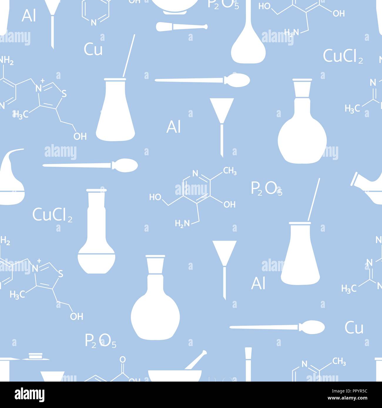 Scientific vector seamless pattern with flasks, test tubes, beakers ...