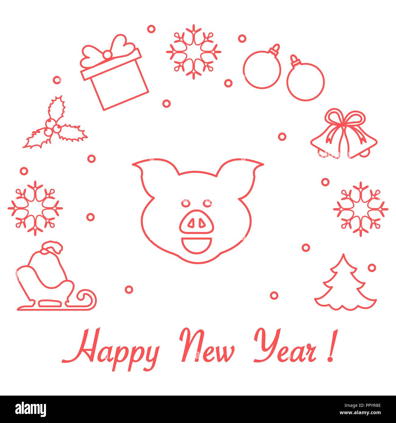 Happy New Year 2019 card. Christmas tree, pig, sled, bag, mistletoe ...
