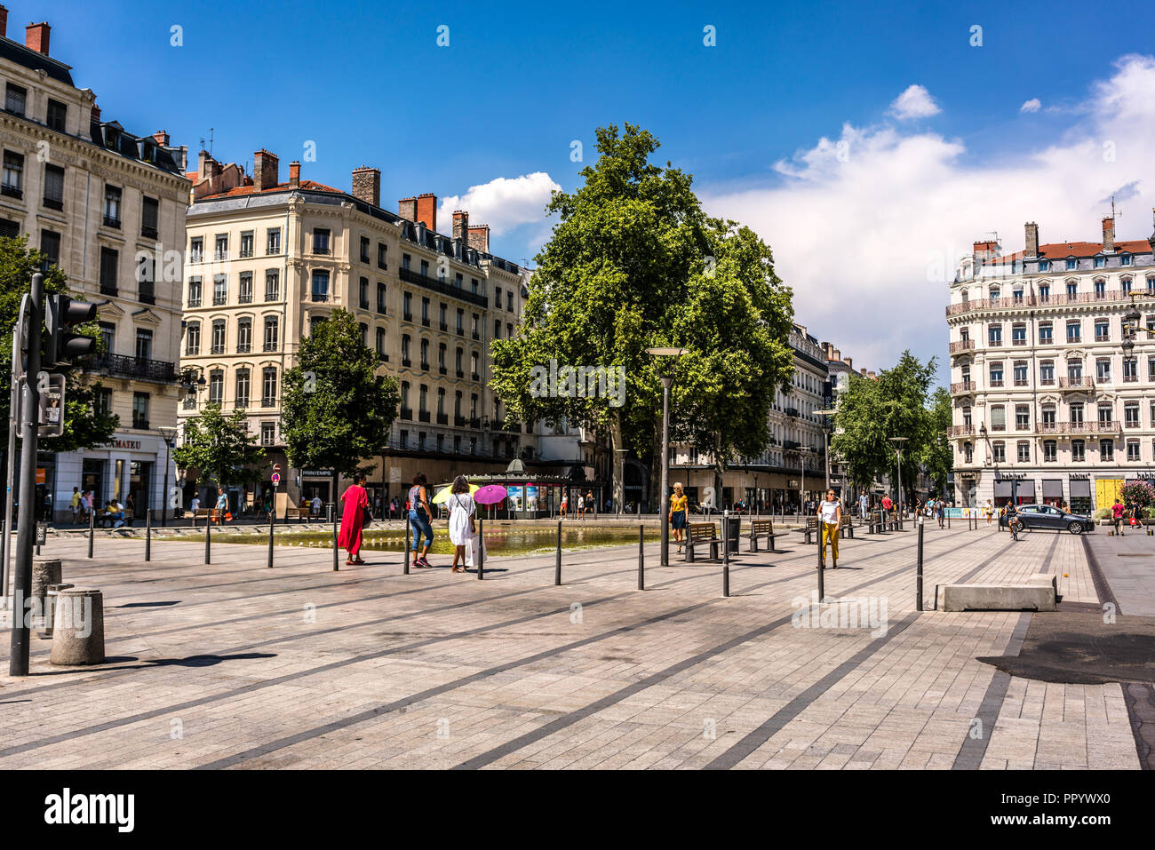 2 August 2018, Lyon France : Streetview of pedestrian shopping street ...