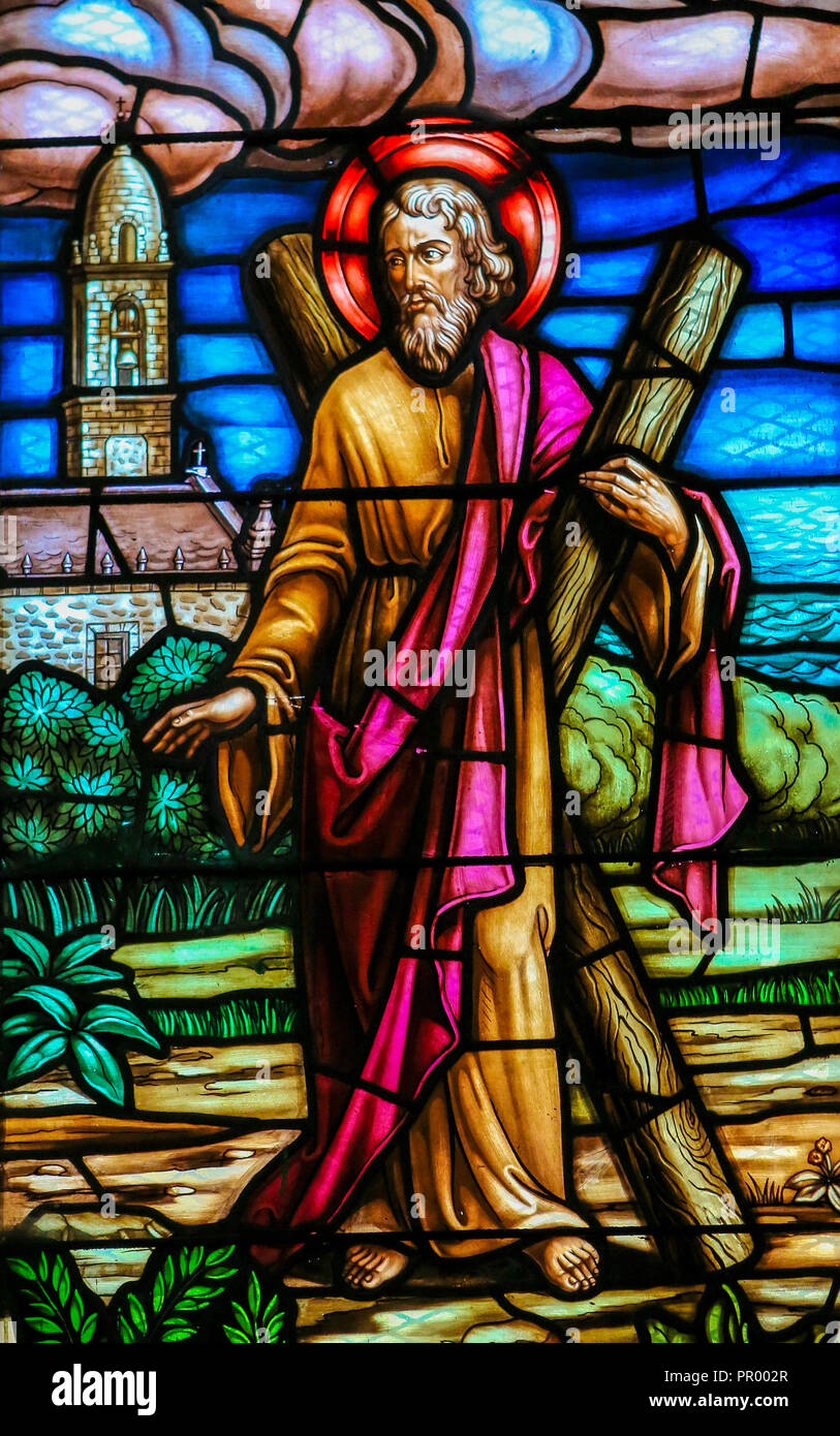 Stained glass window depicting Saint Andrew in the church of San Andres ...