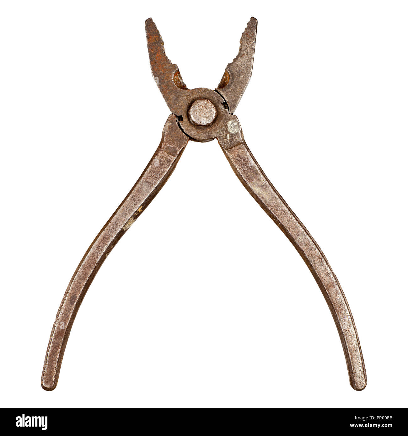 Old rusty pliers isolated on white background. Top view Stock Photo - Alamy