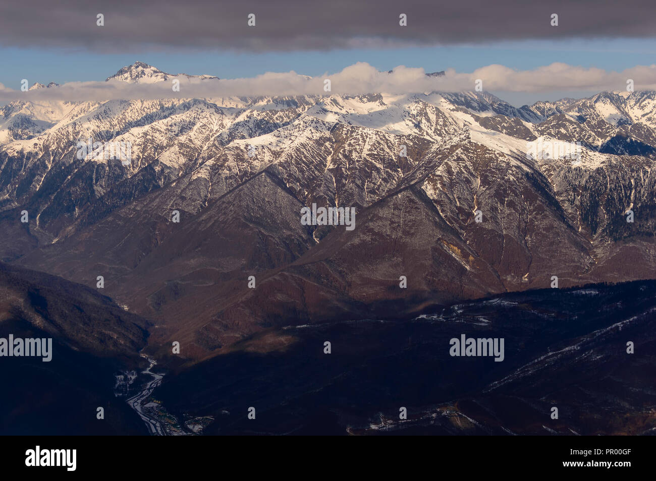 High mountains glacier: snowy sharp peaks covered with perpetual ice ...