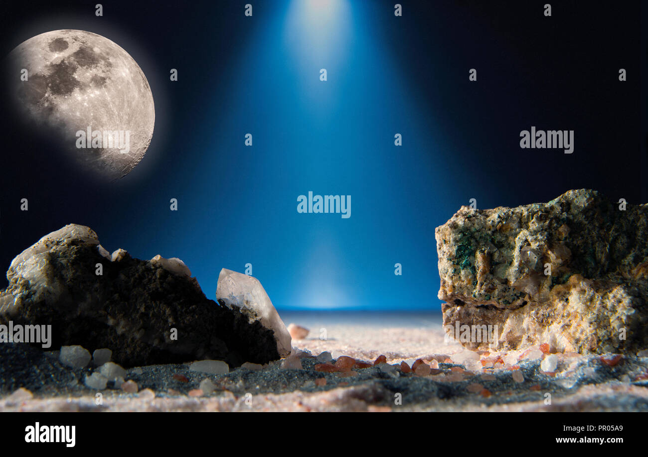 fantasy lunar landscape with rocks and moon in the sky Stock Photo - Alamy
