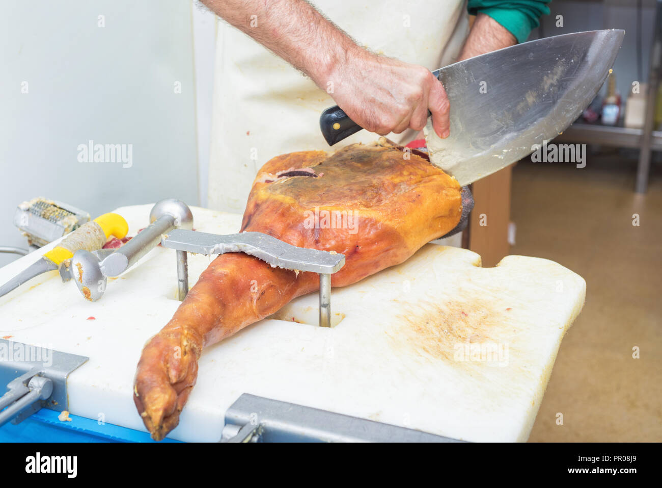 Close up of worker hands in the industrial process of cutting iberian ...