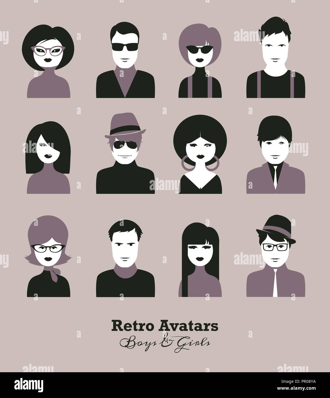 Vector avatar icon set of boys&girls sixties style Stock Vector Image ...