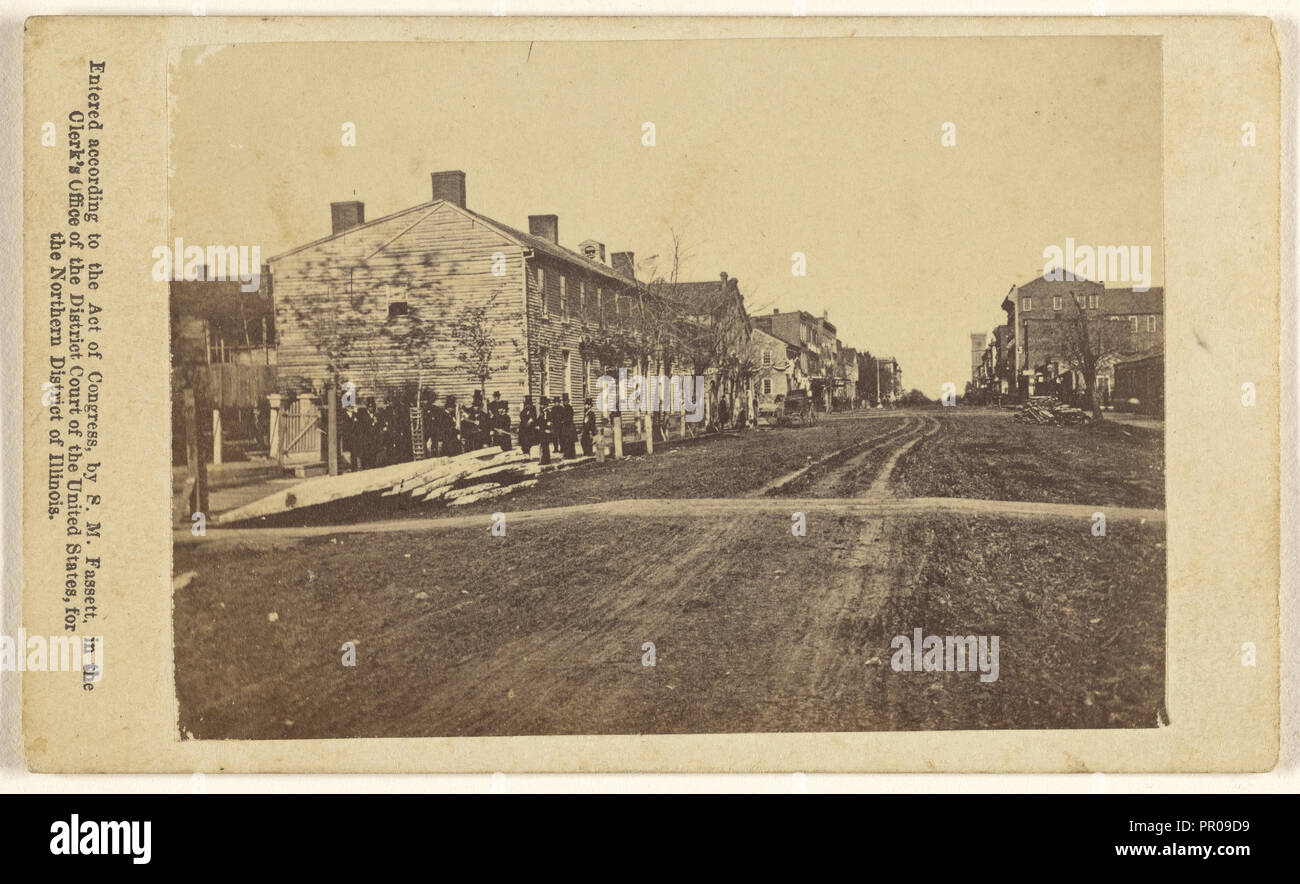 View of early Chicago, Illinois, with group of men in top hats at ...