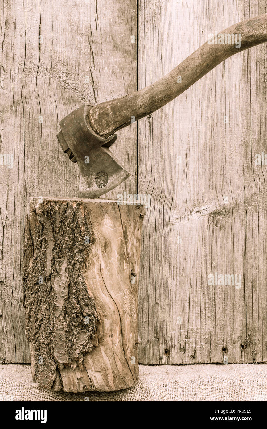 Old rusty axe. Country tools. Rustic instruments, implements and farm ...