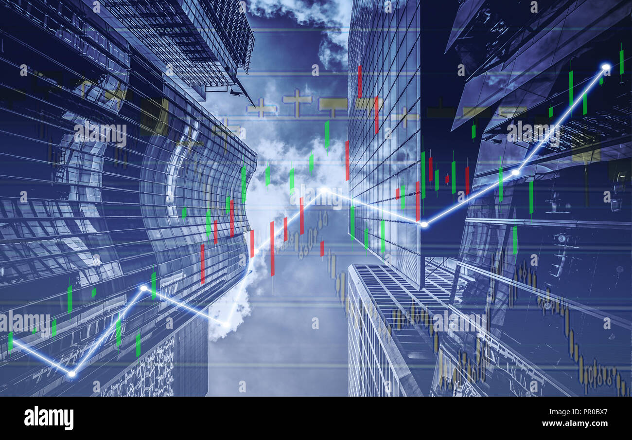 Hong Kong Office buildings with graph index of stock Market (blue bull ...