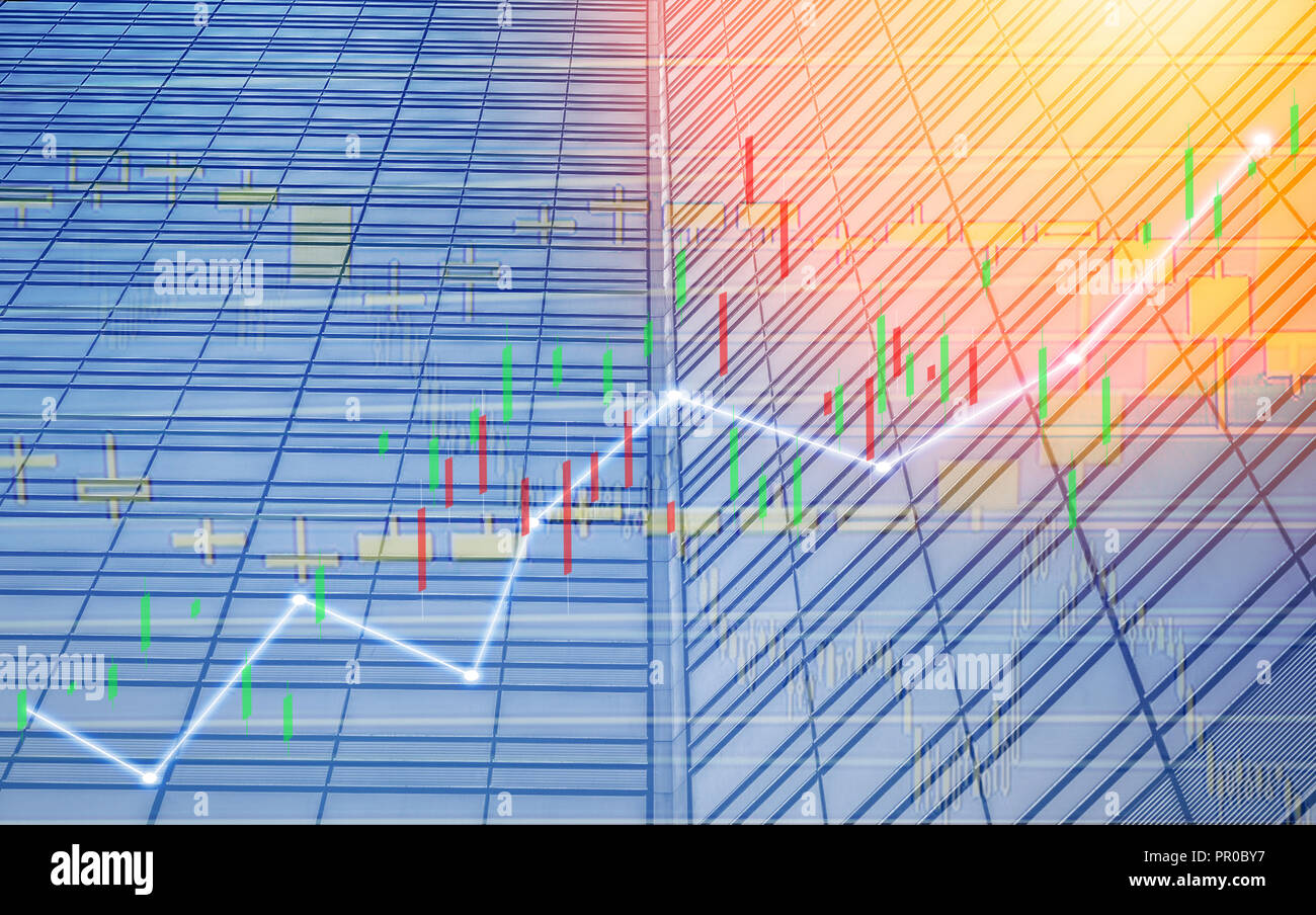 Hong Kong Office buildings with graph index of stock Market (blue bull ...