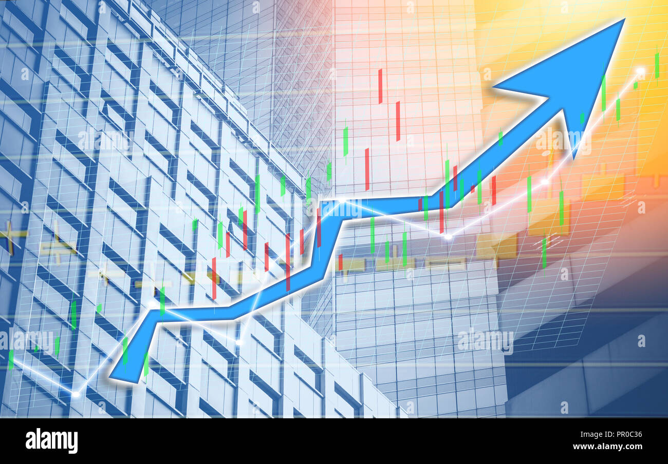 Hong Kong Office buildings with graph index of stock Market (blue bull ...