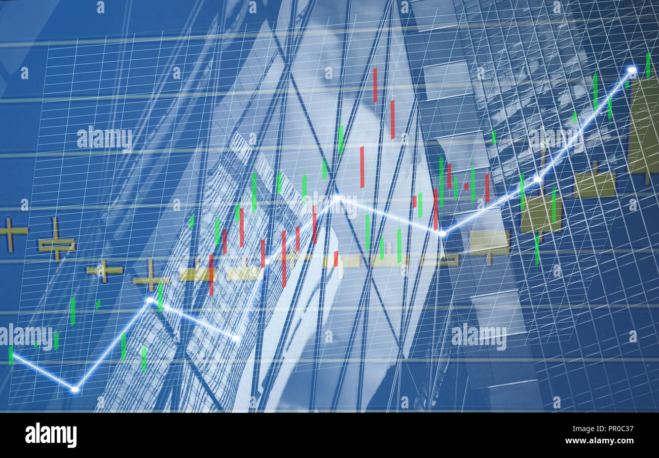 Hong Kong Office buildings with graph index of stock Market (blue bull ...