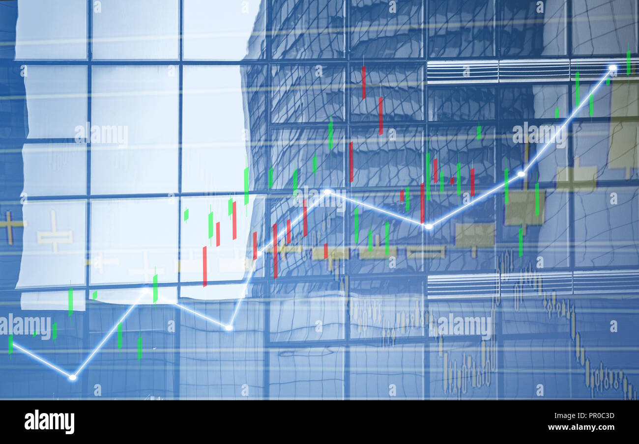 Hong Kong Office buildings with graph index of stock Market (blue bull ...