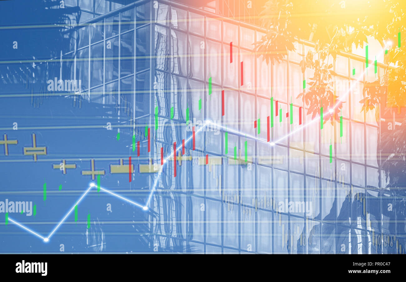 Hong Kong Office buildings with graph index of stock Market (blue bull ...