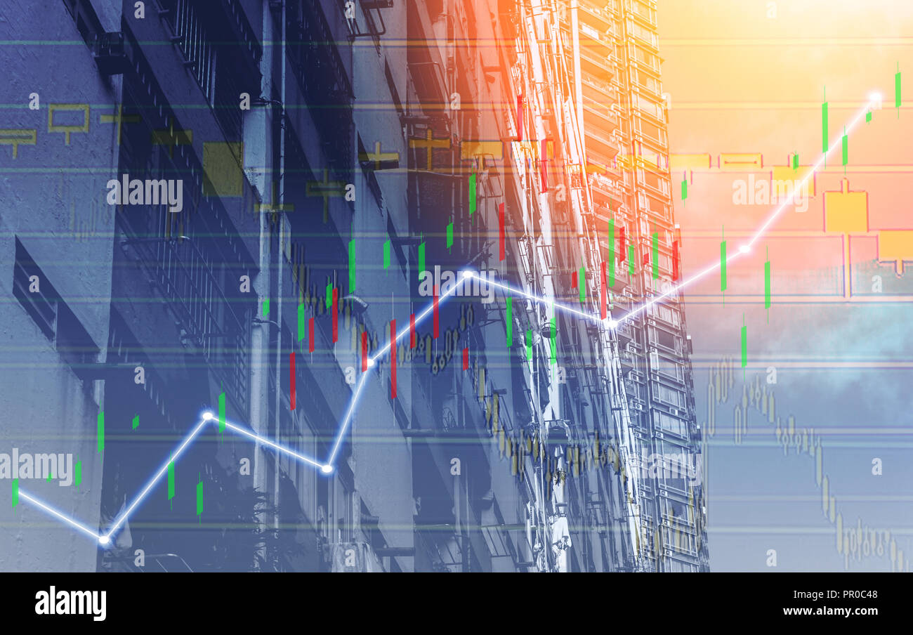 Hong Kong Office buildings with graph index of stock Market (blue bull ...
