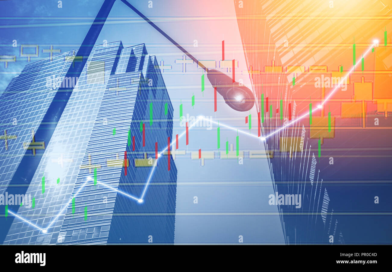 Hong Kong Office buildings with graph index of stock Market (blue bull ...
