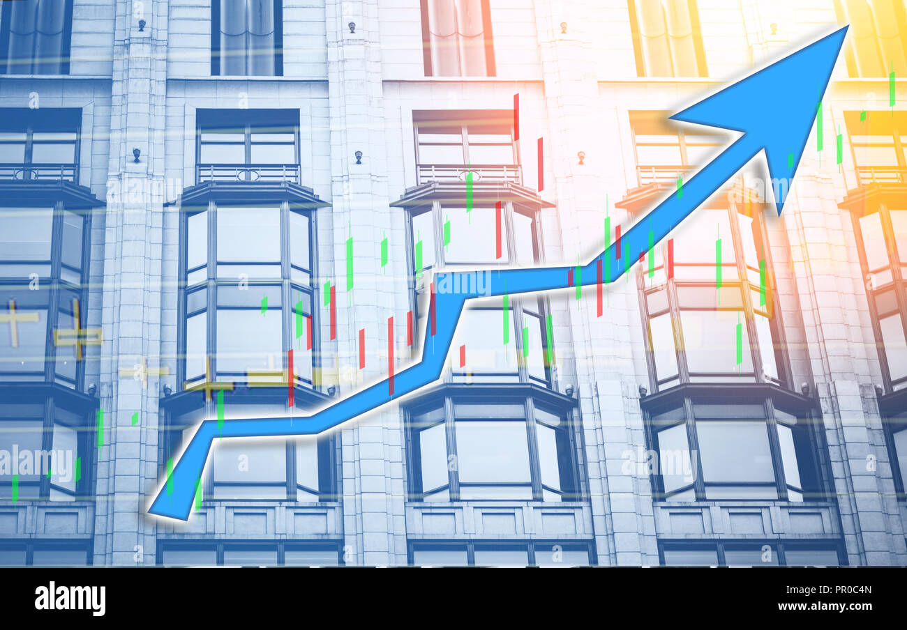 Hong Kong Office buildings with graph index of stock Market (blue bull ...