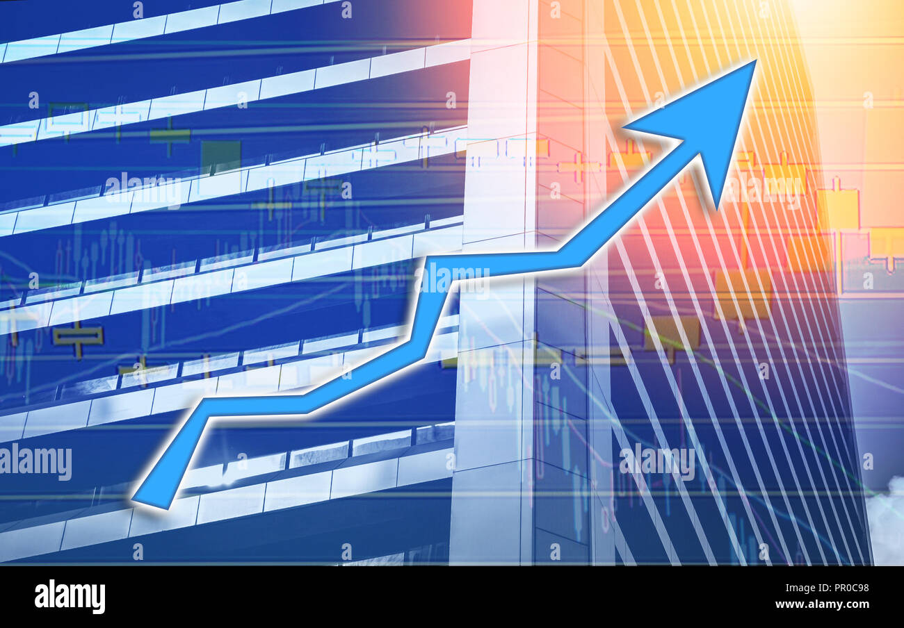 Hong Kong Office buildings with graph index of stock Market (blue bull ...