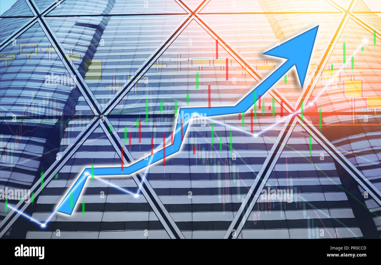 Hong Kong Office buildings with graph index of stock Market (blue bull ...