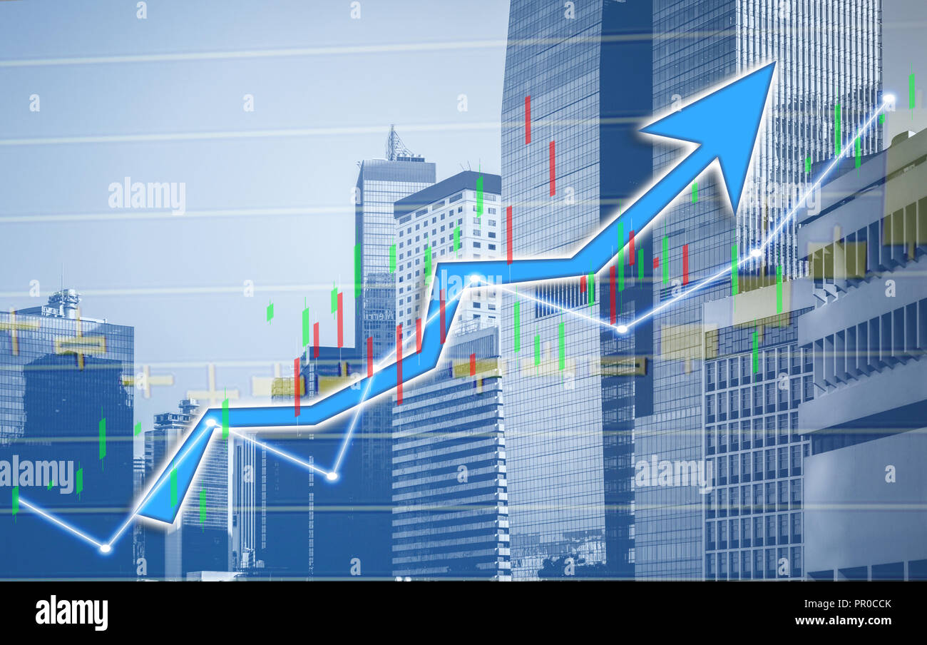 Hong Kong Office buildings with graph index of stock Market (blue bull ...