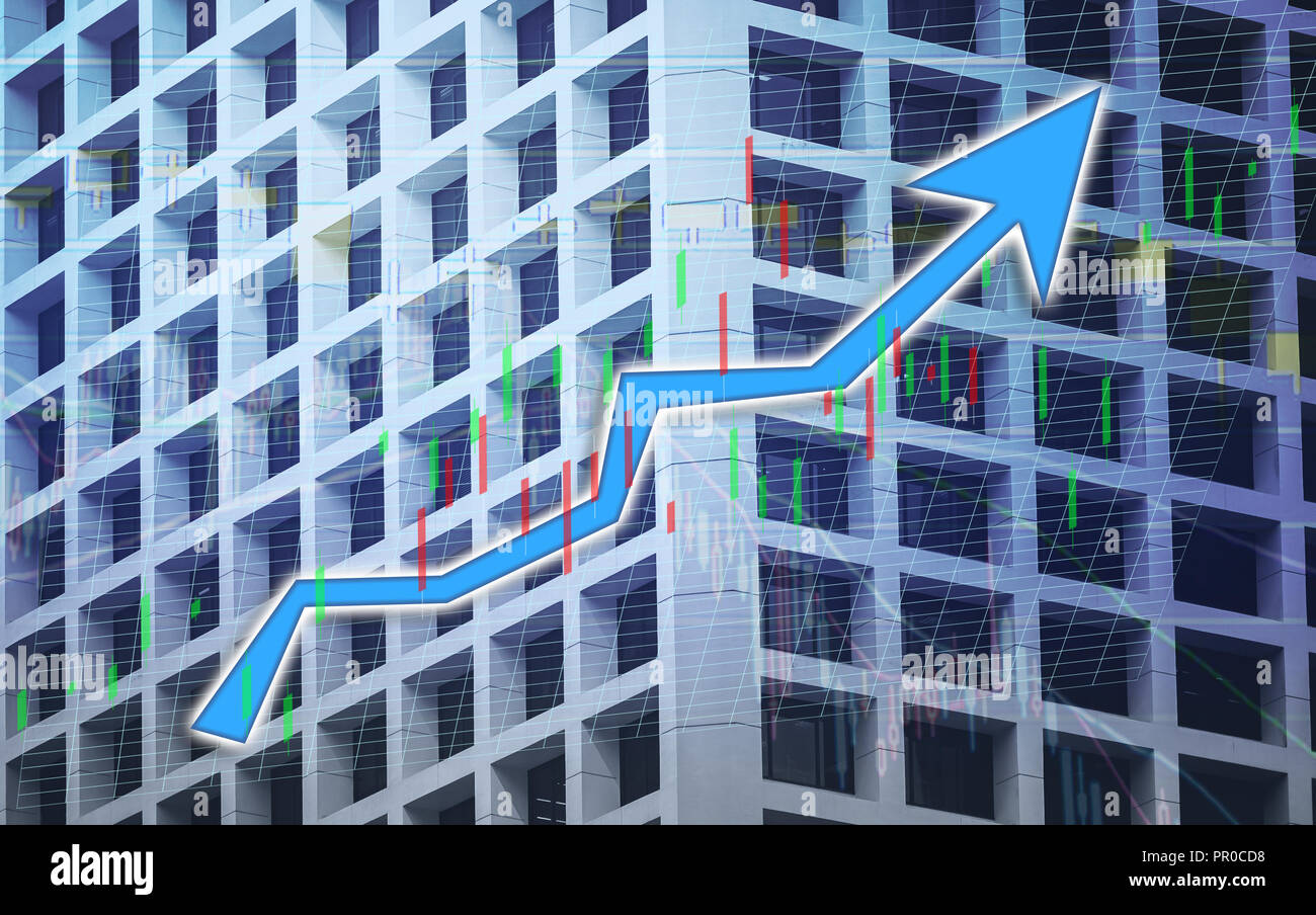 Hong Kong Office buildings with graph index of stock Market (blue bull ...