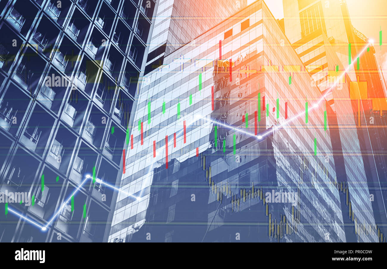 Hong Kong Office buildings with graph index of stock Market (blue bull ...