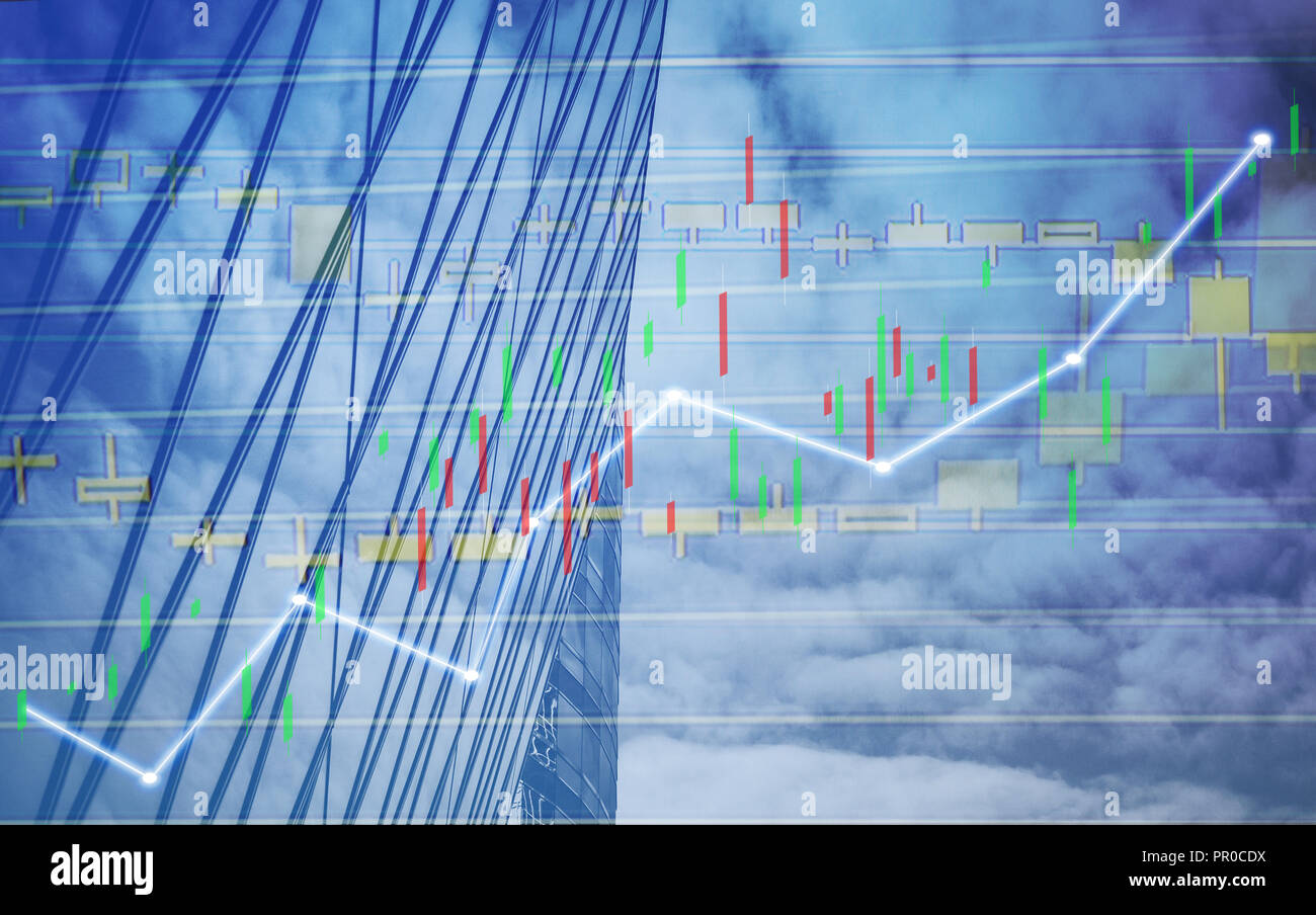 Hong Kong Office buildings with graph index of stock Market (blue bull ...