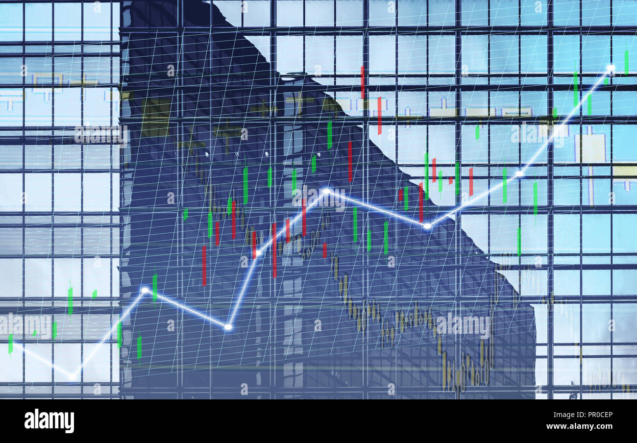 Hong Kong Office buildings with graph index of stock Market (blue bull ...