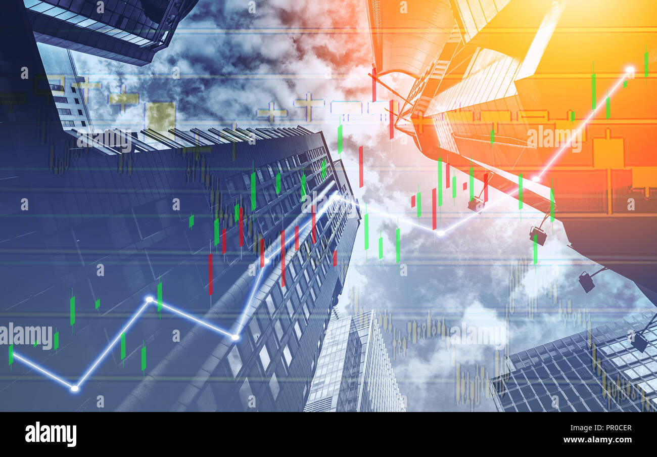 Hong Kong Office buildings with graph index of stock Market (blue bull ...