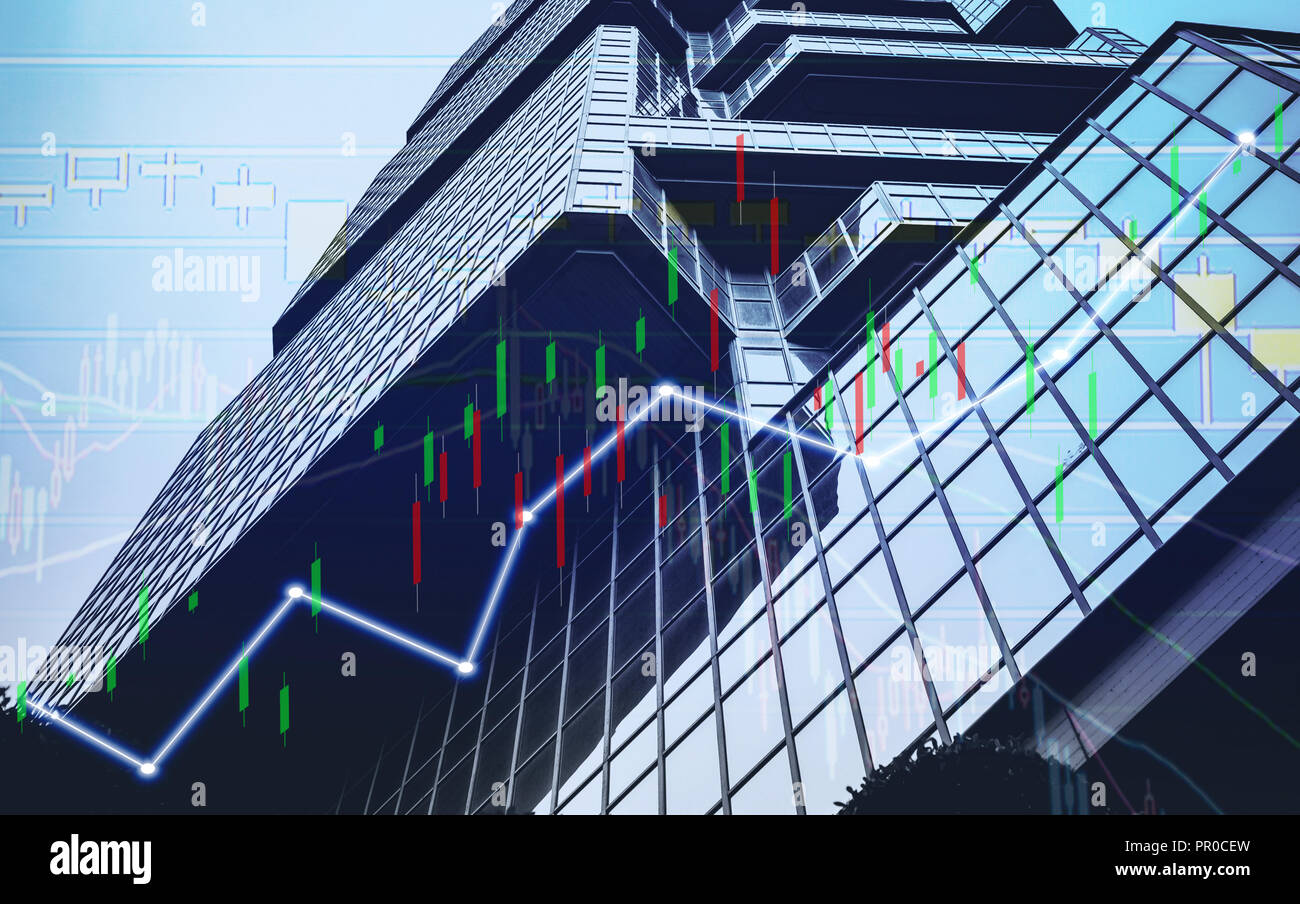Hong Kong Office buildings with graph index of stock Market (blue bull ...