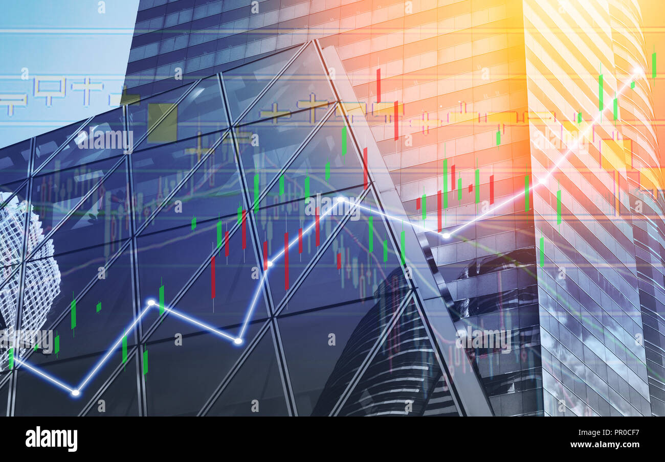 Hong Kong Office buildings with graph index of stock Market (blue bull ...