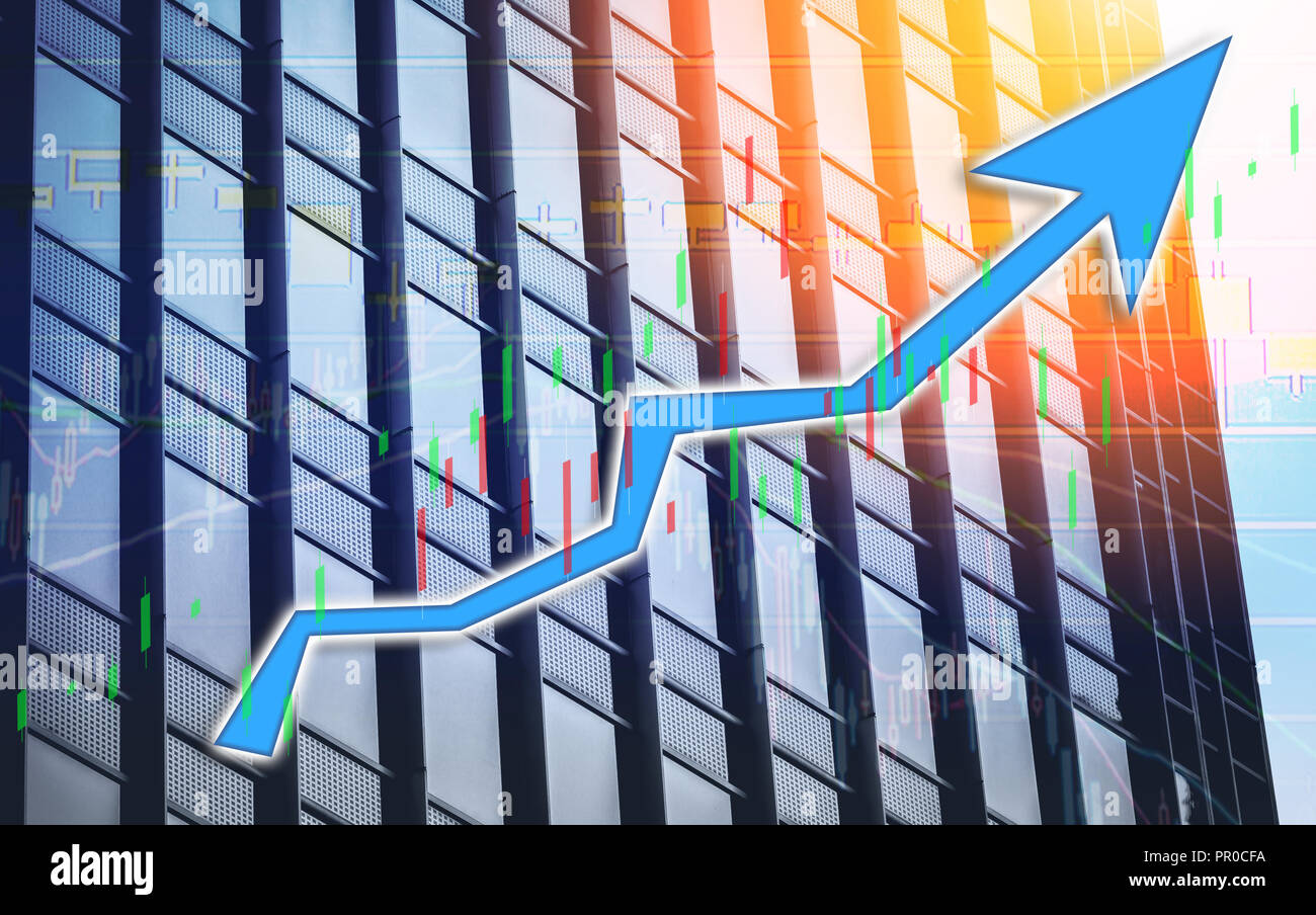 Hong Kong Office buildings with graph index of stock Market (blue bull ...