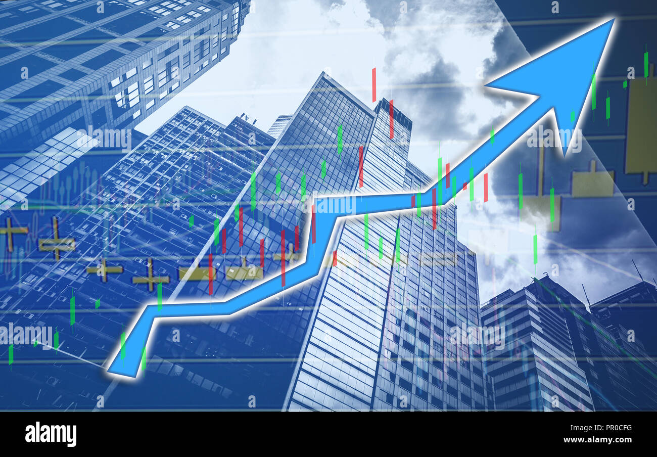 Hong Kong Office buildings with graph index of stock Market (blue bull ...