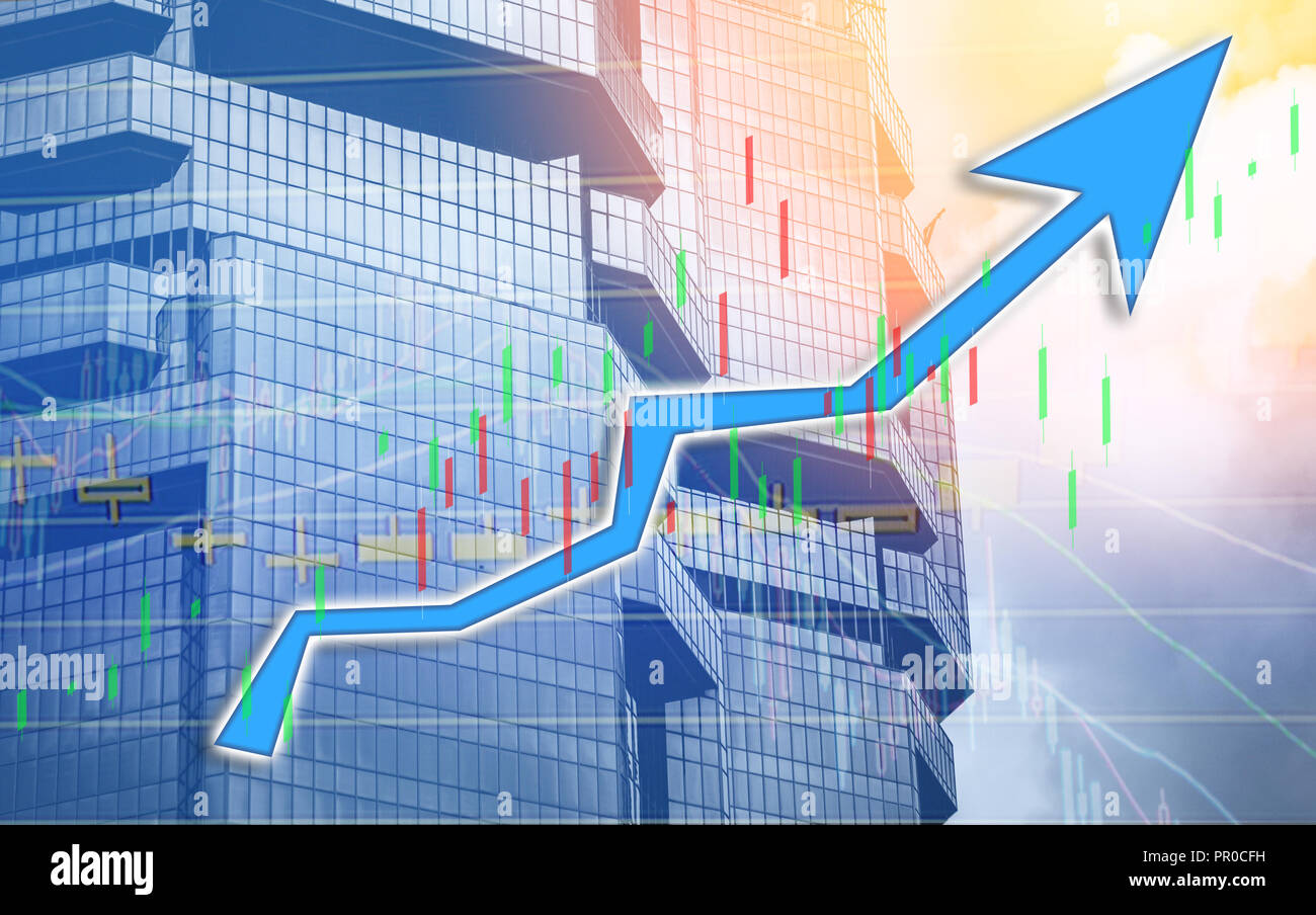 Hong Kong Office buildings with graph index of stock Market (blue bull ...