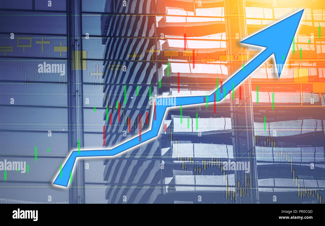 Hong Kong Office buildings with graph index of stock Market (blue bull ...