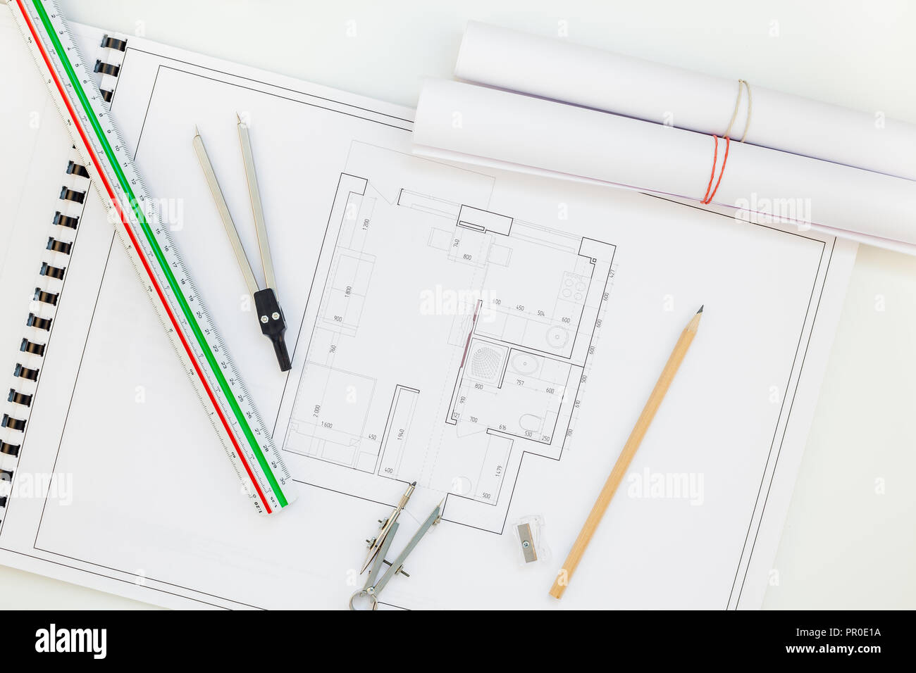 Creative flat lay overhead top view blueprints architectural flat ...