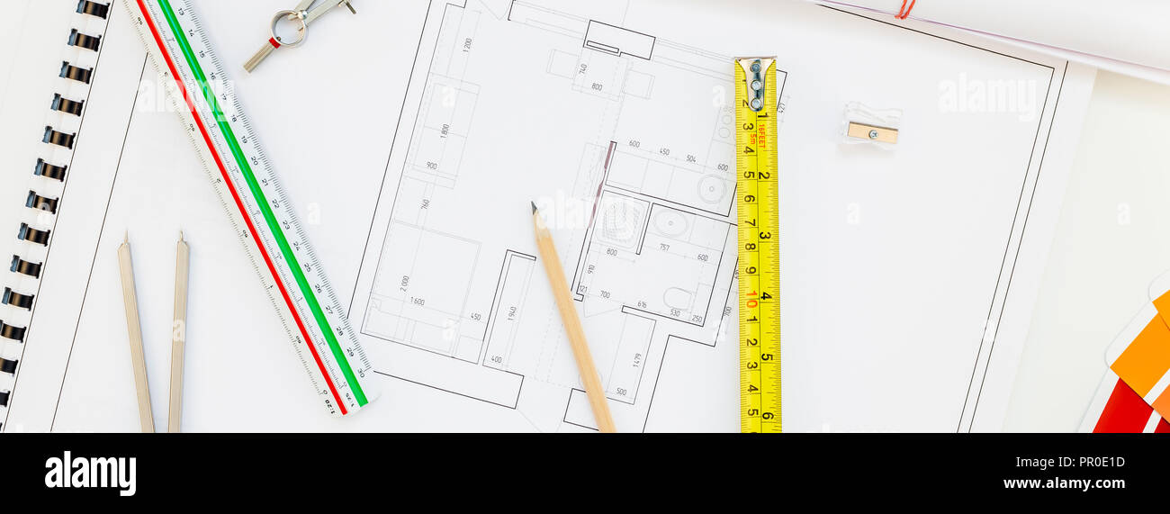 Creative flat lay long wide banner top view blueprints architectural ...