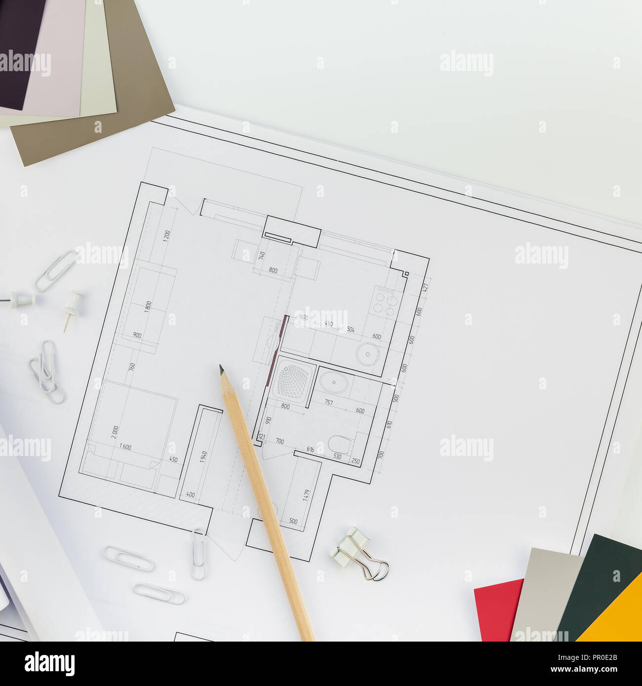 Creative flat lay overhead top view blueprints architectural flat ...