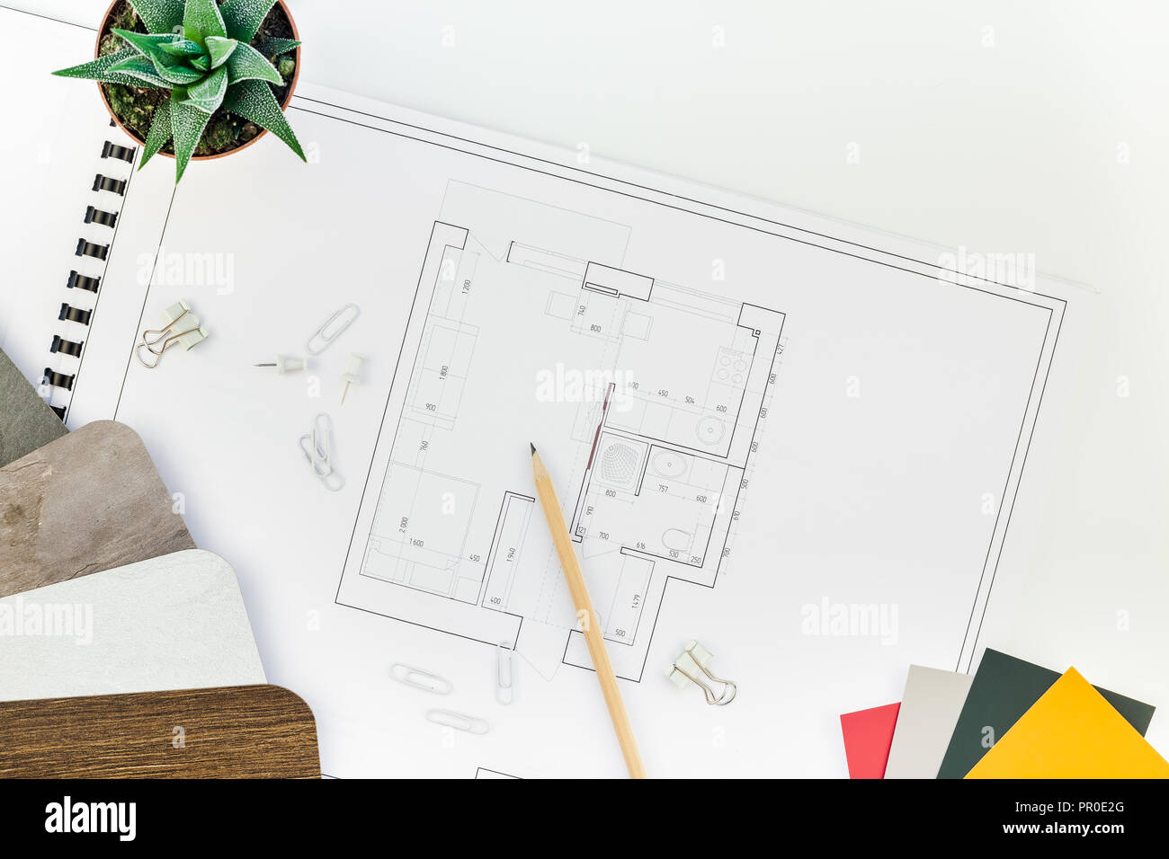 Creative flat lay overhead top view blueprints architectural flat ...